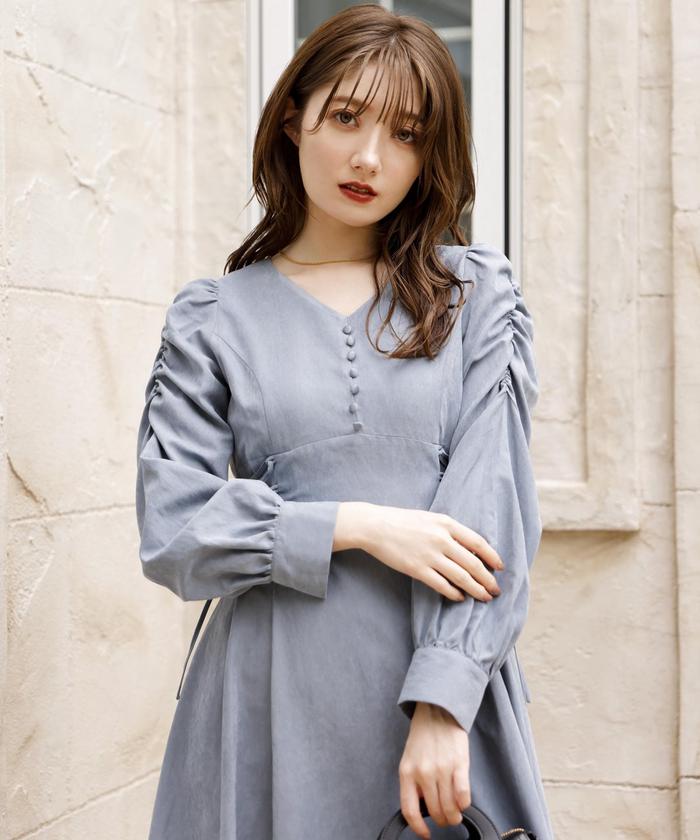 セール】シャーリングショルダーサイドレースアップワンピース セール】シャーリングショルダーサイドレースアップワンピース
