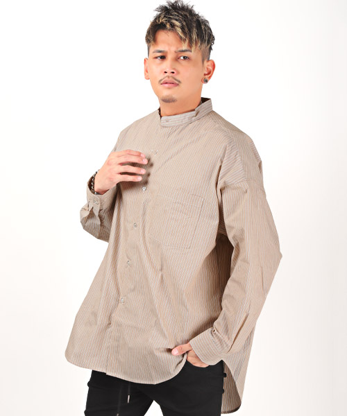 ラグスタイル LUXSTYLE ノーカラーストライプBIGシャツ/シャツ ラグスタイル LUXSTYLE ノーカラーストライプBIGシャツ/シャツ
