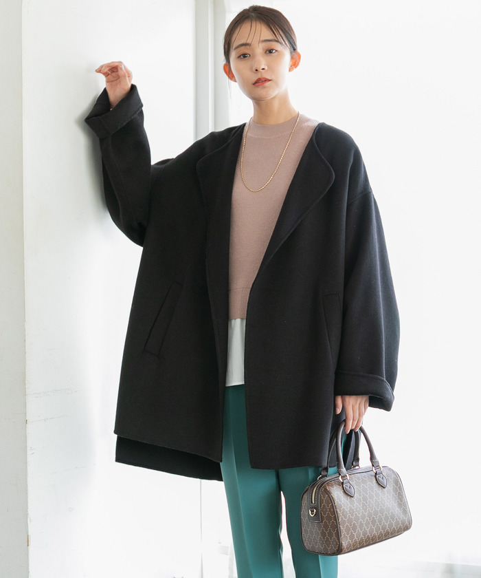 セール 50%OFF】【リバー仕立て】ハーフ丈ノーカラーゆるコート セール 50%OFF】【リバー仕立て】ハーフ丈ノーカラーゆるコート