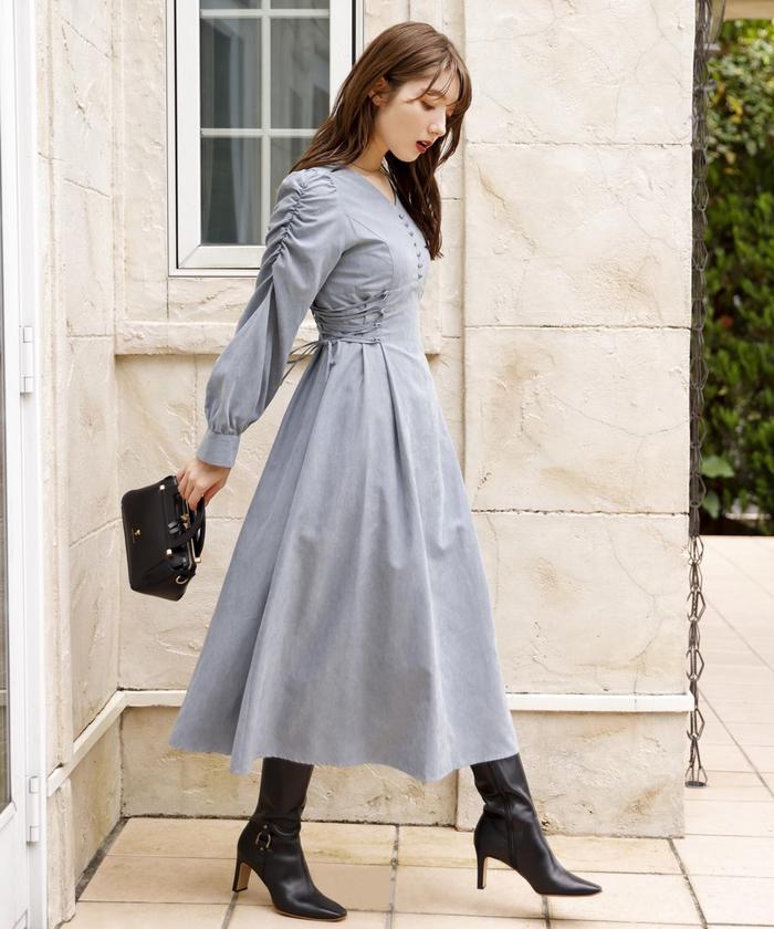 セール】シャーリングショルダーサイドレースアップワンピース セール】シャーリングショルダーサイドレースアップワンピース